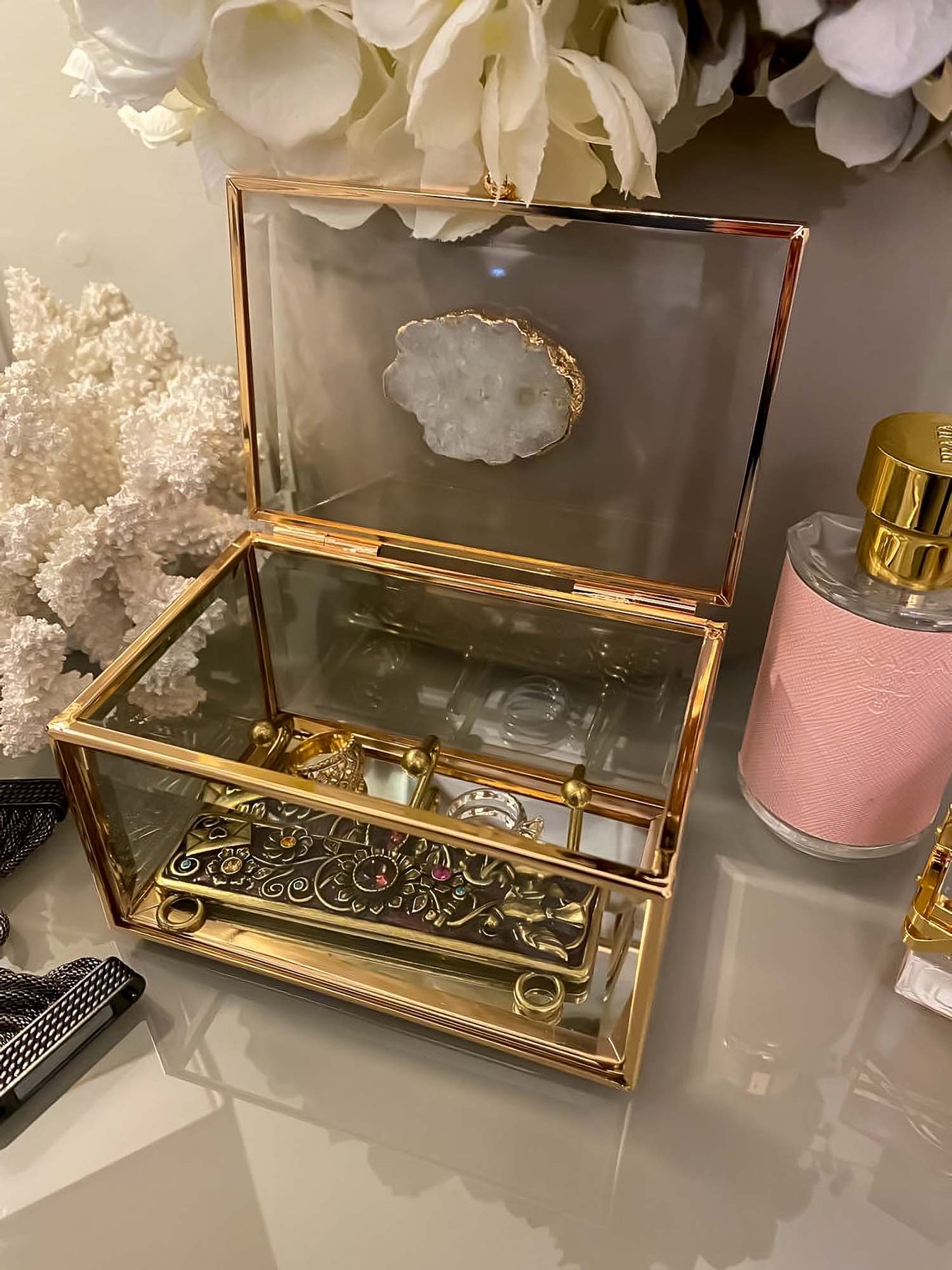 Jewellery Box Rectangular - Glass Crystal Agate Trinket Display 13x8 ...